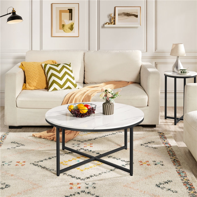 Mercer41 Abdirahim Round Coffee Table with Faux Marble Tabletop Metal Legs Coffee Cocktail Tables